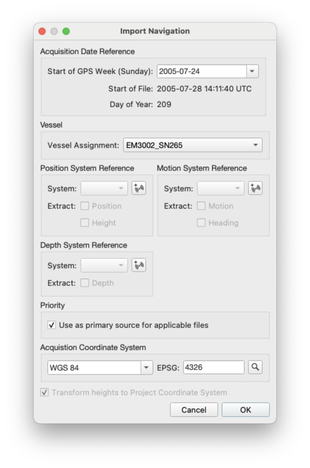 Qimera Import Navigation Configuration Dialog